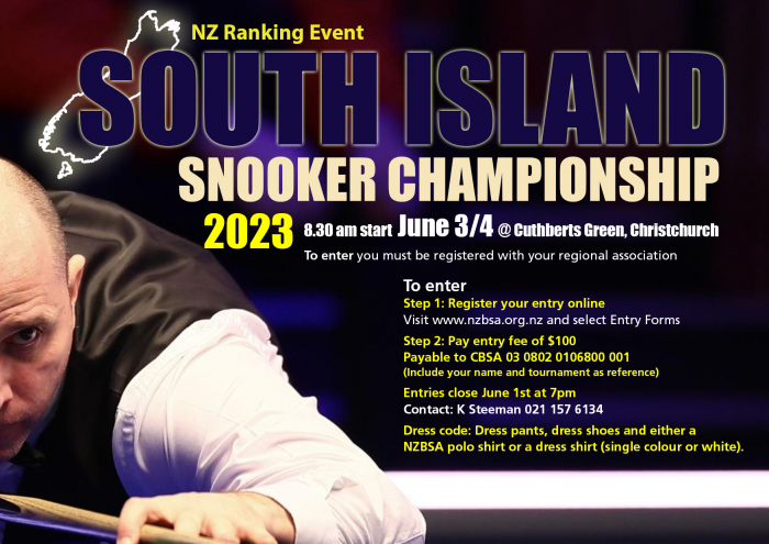 WPBSA SnookerScores - 2023 NZBSA South Island Snooker Championship - Poster