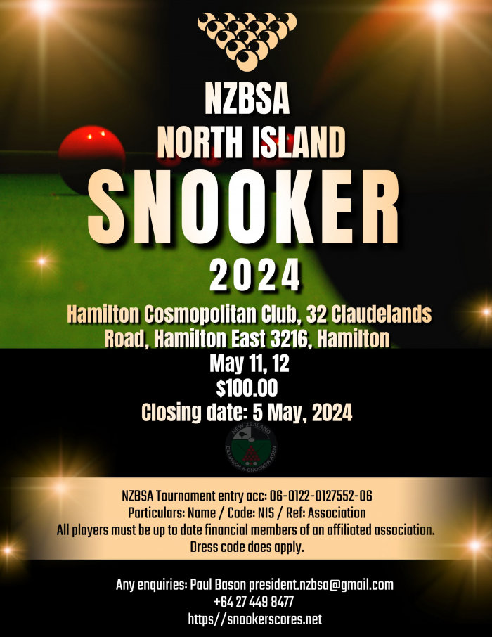WPBSA SnookerScores - 2024 NZBSA North Island Snooker Championship - Poster