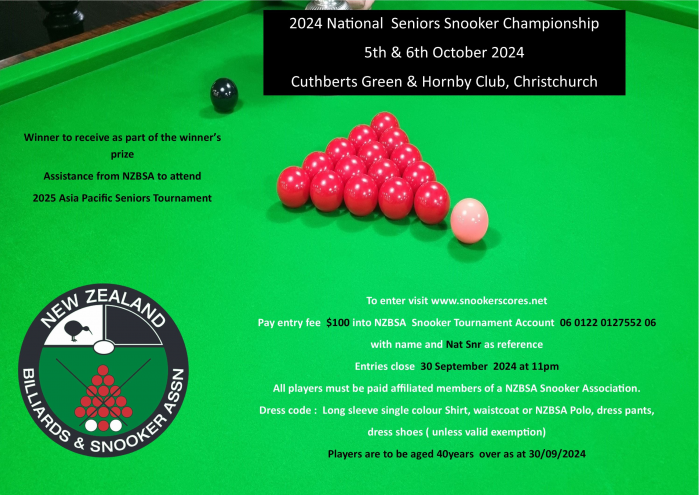 WPBSA SnookerScores - 2024 NZBSA NZ Seniors Snooker Championship - Poster
