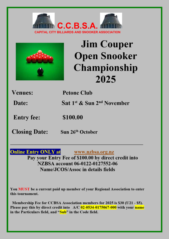 WPBSA SnookerScores - 2025 Jim Couper Open Snooker - Poster