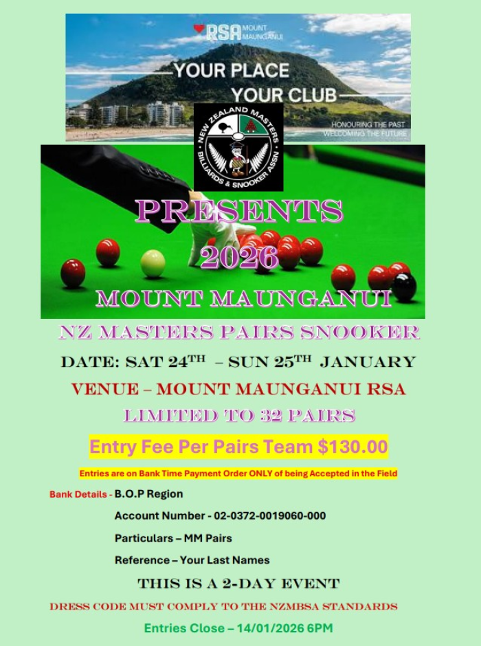 WPBSA SnookerScores - 1) 2026 Mount Maunganui NZ Masters Snooker Pairs ...
